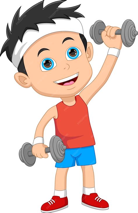 Niño Pequeño De Dibujos Animados Haciendo Ejercicio Con Pesas Vector