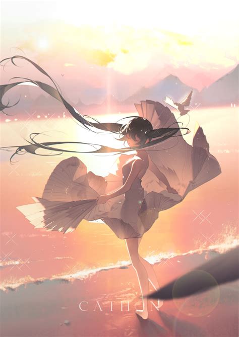 Safebooru 1girl Absurdres Artist Name Bare Legs Barefoot Beach Bird