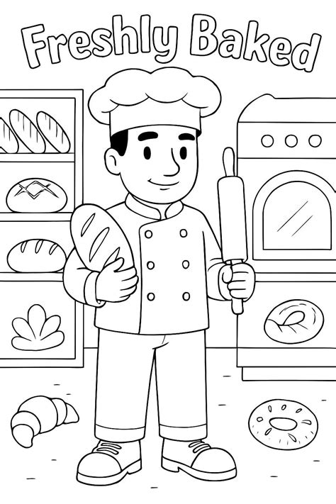 Baker Smiling In A Busy Bakery Holding Bread Playground Cute Coloring Pages Coloring Pages
