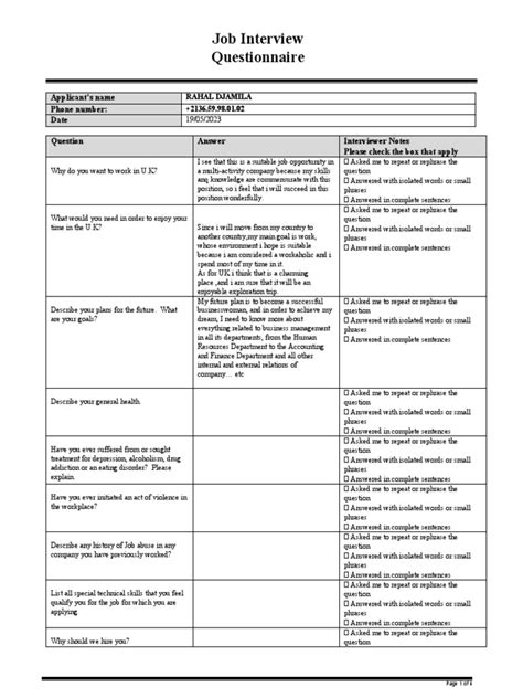 job interview questionnaire pdf question english language