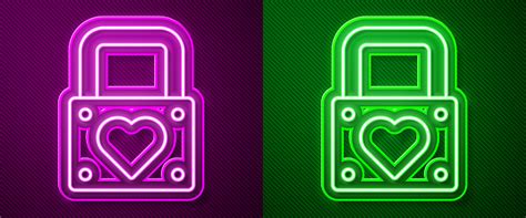 보라색과 녹색 배경에 고립 된 빛나는 네온 라인 잠금 및 심장 아이콘 잠긴 심장 사랑 기호 및 열쇠 구멍 기호 발렌타인 데이 기호 벡터 개념에 대한 스톡 벡터 아트 및 기타