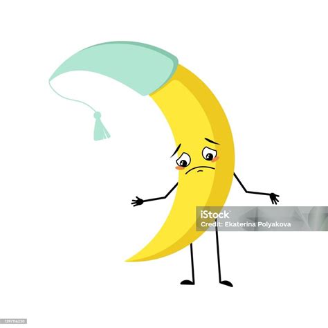 슬픈 감정 우울한 얼굴 눈 팔 및 다리가있는 나이트 캡의 귀여운 달 캐릭터 우울한 표정과 포즈를 가진 사람 벡터 플랫 일러스트 레이 션 가공의 인물에 대한 스톡 벡터 아트