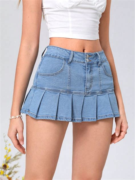 Shein Mod Womens Denim Skirt With Pleated Hemi Discovered Amazing