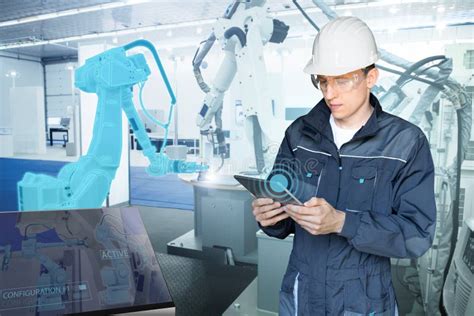 Engineer Uses A Digital Tablet To Control Robots In A Smart Factory Stock Image Image Of