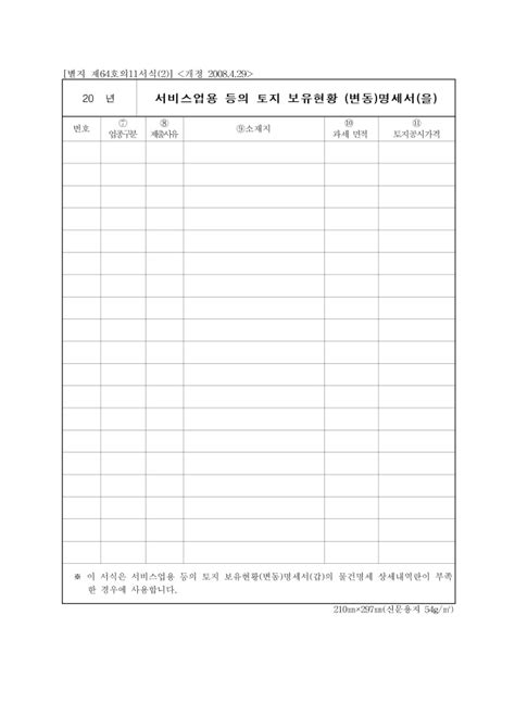 제64호의11 서비스업용등의토지보유현황명세서 20080429 비즈폼 샘플 양식 다운로드