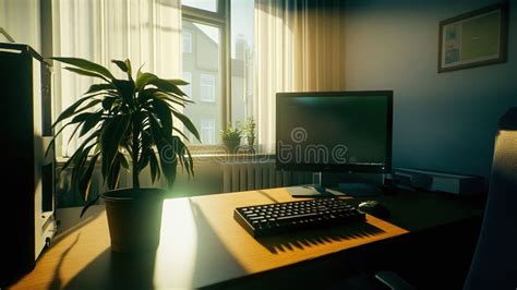 A Functional Desk Setup With A Small Plant A Monitor And Wireless Keyboard In A Brightly Lit