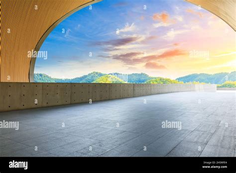 Empty Square Floor And Green Tea Plantation With Bamboo Forest Natural
