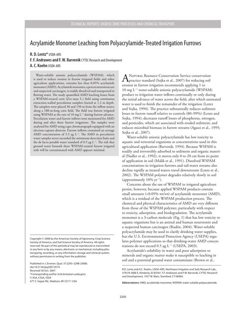 Pdf Acrylamide Monomer Leaching From Polyacrylamide Treated