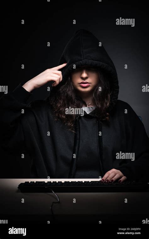 The Female Hacker Hacking Security Firewall Late In Office Stock Photo Alamy