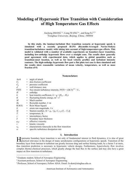 Pdf Modeling Of Hypersonic Flow Transition With Consideration Of High Temperature Gas Effects