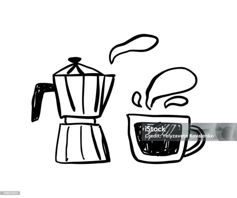 커피와 커피 메이커가 있는 컵은 낙서 스타일로 손으로 그려져 있습니다 음식 부엌 메뉴 디자인을 위한 벡터 일러스트 레이 션 간헐천에 대한 스톡 벡터 아트 및 기타 이미지