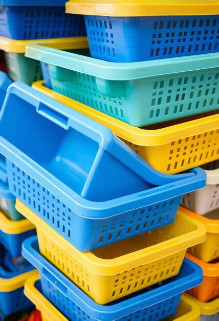 Stack Of Colorful Plastic Baskets Premium Ai Generated Image