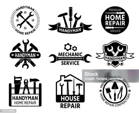 핸디맨 로고 정비사 및 주택 수리 서비스 로고건설 및 편리한 도구 렌치 및 망치 빌더 회사 스탬프 벡터 세트 Diy에 대한 스톡 벡터 아트 및 기타 이미지 Istock