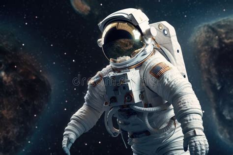 Astronaut Floating Above Field Of Flowers With The View Of Distant Planets And Stars Visible In