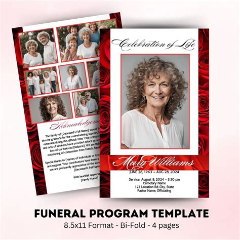 Funeral Program Template Red Obituary Template Instant Download
