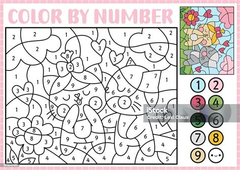 벡터 세인트 발렌타인 컬러 숫자 활동 와 귀여운 Kawaii 고양이 커플 사랑의 휴가 장면 재미있는 키스 새끼 고양이 하트와 함께 흑백 계산 게임 아이들을 위한 색칠 공부