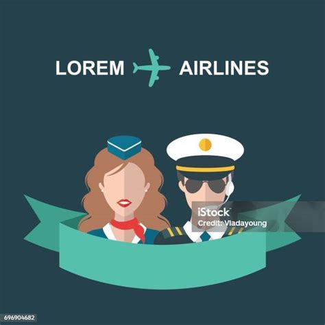 비행기 스튜 어디 스 리본 및 장소 텍스트 유행 플랫 스타일에 대 한 조종사의 벡터 그림 공항에 대한 스톡 벡터 아트 및 기타 이미지 Istock