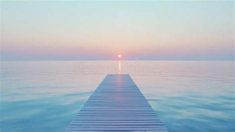 Serene Wooden Pier Over Calm Sea At Sunrise Tranquil Seascape With