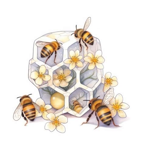 Premium Photo A Drawing Of Bees In A Cube With Honeycomb And Flowers