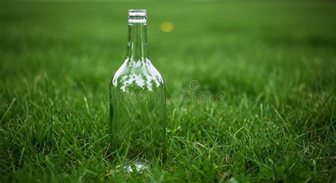 A Clear Glass Bottle Stands Upright In A Field Of Lush Green Grass The