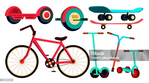 바퀴 항목 설정된 자전거 스케이트 보드 스쿠터 벡터입니다 Urdan 수송입니다 현대 가제트입니다 격리 된 만화 일러스트 레이 션 두발자전거에 대한 스톡 벡터 아트 및 기타