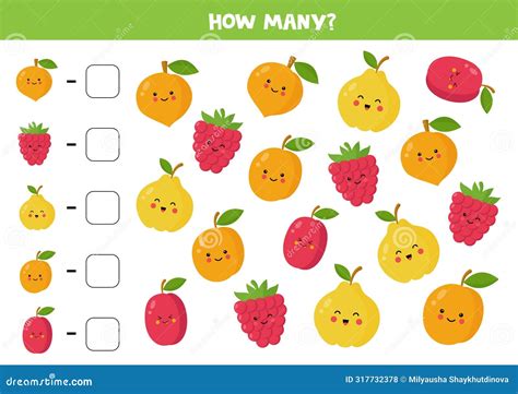 Counting Game With Cartoon Fruits And Berries Math Worksheet Stock