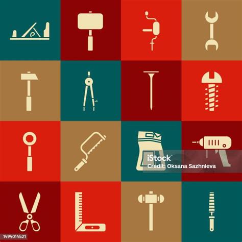 나무 전기 드릴 기계 금속 나사 손 드로잉 나침반 망치 나무 비행기 및 못 아이콘에 대한 끌 도구를 설정합니다 벡터 가위에 대한