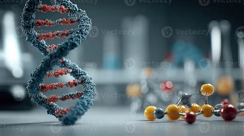 Detailed Dna Molecule Model On Medical Laboratory Background 76659149
