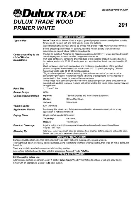 Download Pdf Datasheet 201 For Dulux Trade Wood Primer