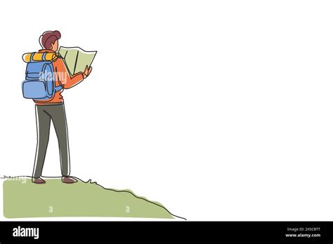 Single Continuous Line Drawing Man Hiker With Backpack And Map Hiking