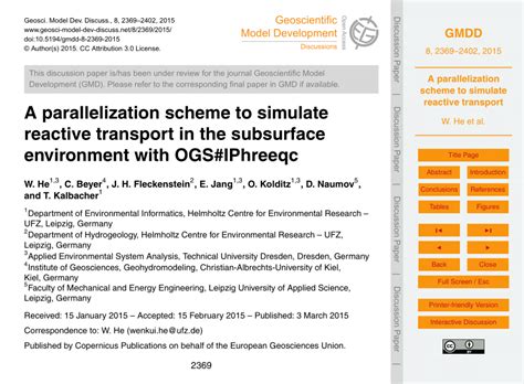 Pdf A Parallelization Scheme To Simulate Reactive Transport In The