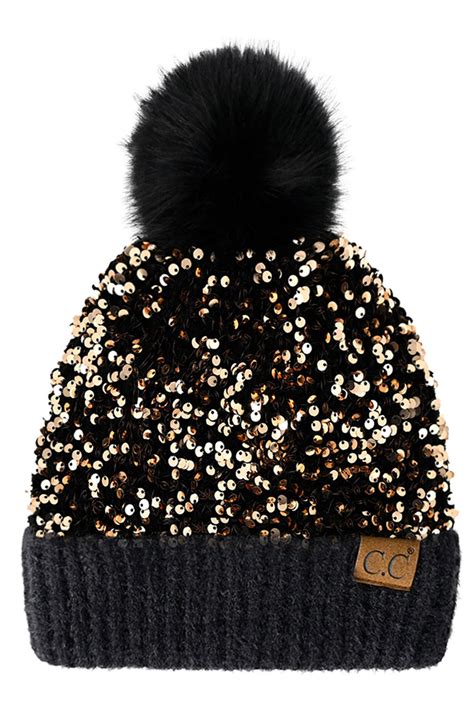 Cc Sequin Fur Pom Beanie Hte0012 Hana Wholesale