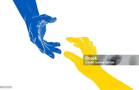 벡터 손 개념 제스처 도움의 표시와 희망 로고 두 손이 서로를 데려 가고 푸른 노란색 깃발 색상 우크라이나 난민을 지원하십시오 우크라이나 돕기 손에 대한 스톡 벡터 아트 및