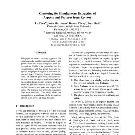 Clustering For Simultaneous Extraction Of Aspects And Features From