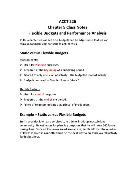 Chapter 9 Notes Acct 226 Chapter 9 Class Notes Flexible Budgets And