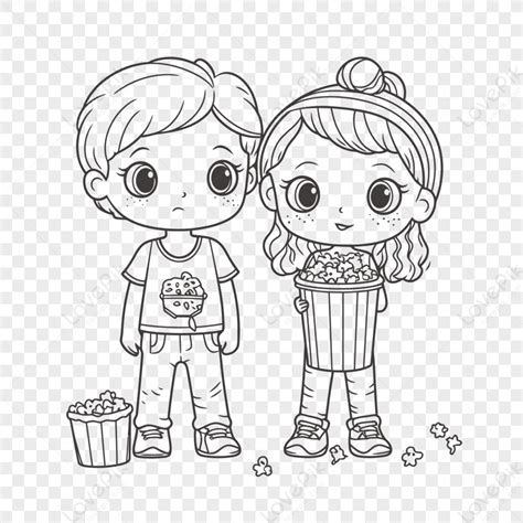 팝콘 가방 개요 스케치 드로잉을 들고 있는 두 아이의 색칠 페이지 벡터오르간행복하다 Png 일러스트 무료 다운로드 Lovepik