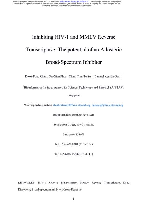 Pdf Inhibiting Hiv 1 And Mmlv Reverse Transcriptase The Potential Of