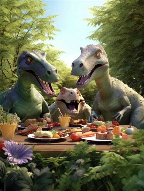 Premium Ai Image There Are Two Dinosaurs Eating A Meal At A Table In