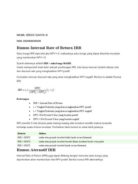 Mengertikan Rumus Irr Dan Analisis Keuangan Proyek Investasi Pdf