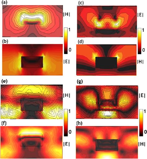 the e fields intensities in x z plane and h field intensities in y z