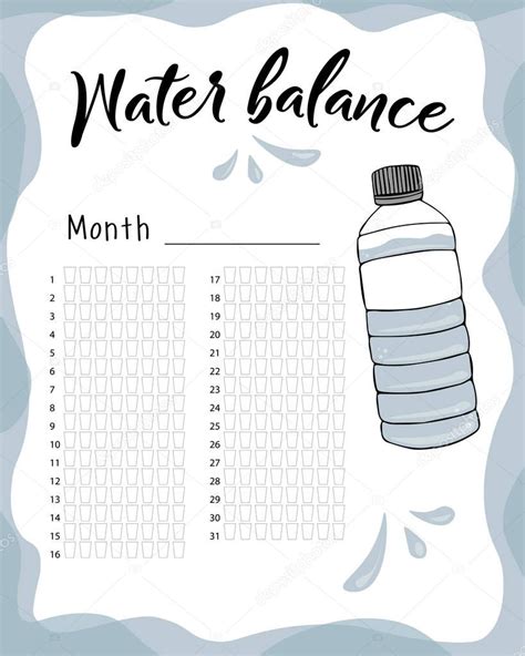 Calendario Vector Balance De Agua Rastreador Mensual De Agua Consumo