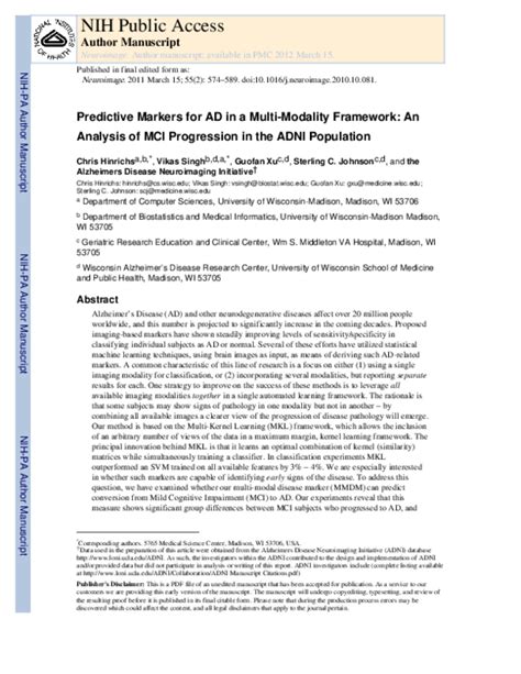Pdf Predictive Markers For Ad In A Multi Modality Framework An