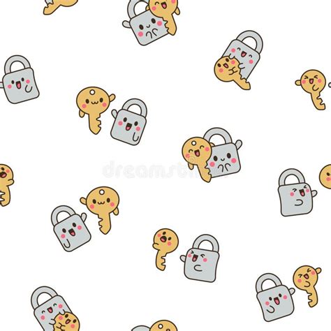 Cute Kawaii Padlock And Key Seamless Pattern Stock Vector
