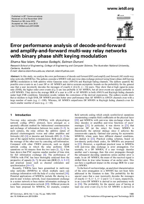 Pdf Error Performance Analysis Of Decode And Forward And Amplify And Forward Multi Way Relay