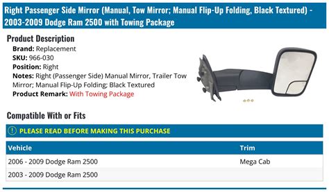 2003 2009 Dodge Ram 2500 Mirror Replacement 966 030 Right