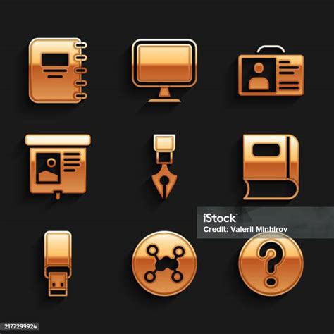 만년필 펜촉 화학식 질문이 있는 말풍선 책 Usb 플래시 드라이브 프로젝션 화면 식별 배지 및 노트북 아이콘을 설정합니다 벡터 Usb 케이블에 대한 스톡 벡터 아트 및 기타