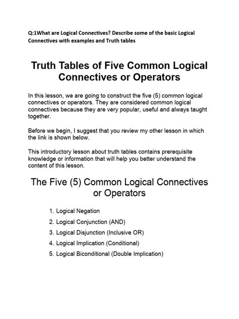 truth table of five common logical operators or connectives pdf