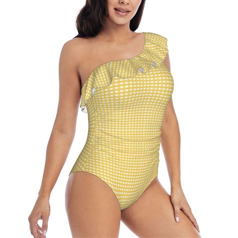 Picia Yellow Gingham Pattern Womens One Piece Swimsuitsone Shoulder