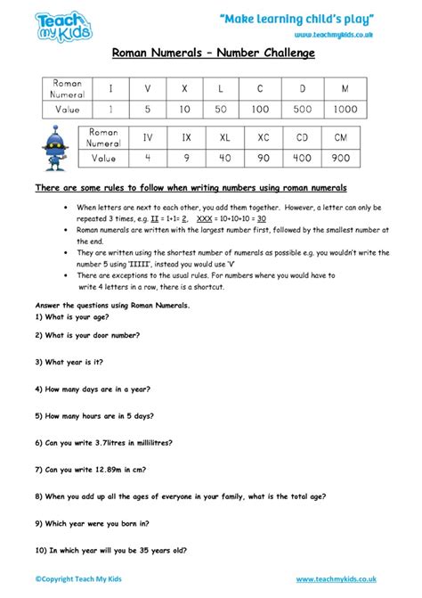 Roman Numerals Number Challenge TMK Education