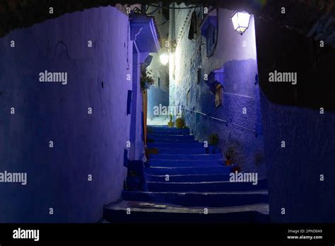 Chefchaouen Morocco 2022 Night View Of The Blue City With Narrow And